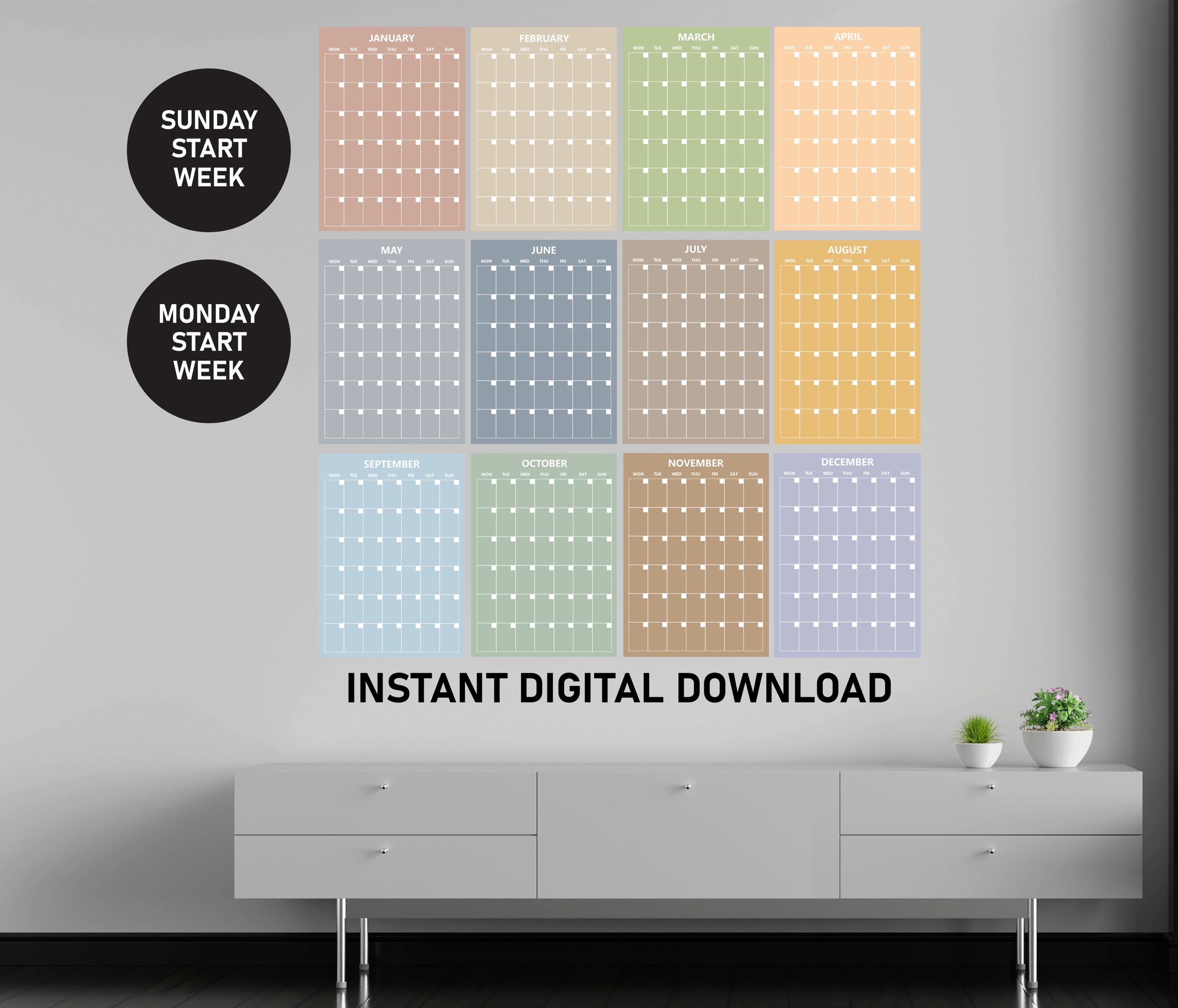 Large Monthly Wall Planner A3 A4 PDF, Pastel Wall Calendar, Undated ...