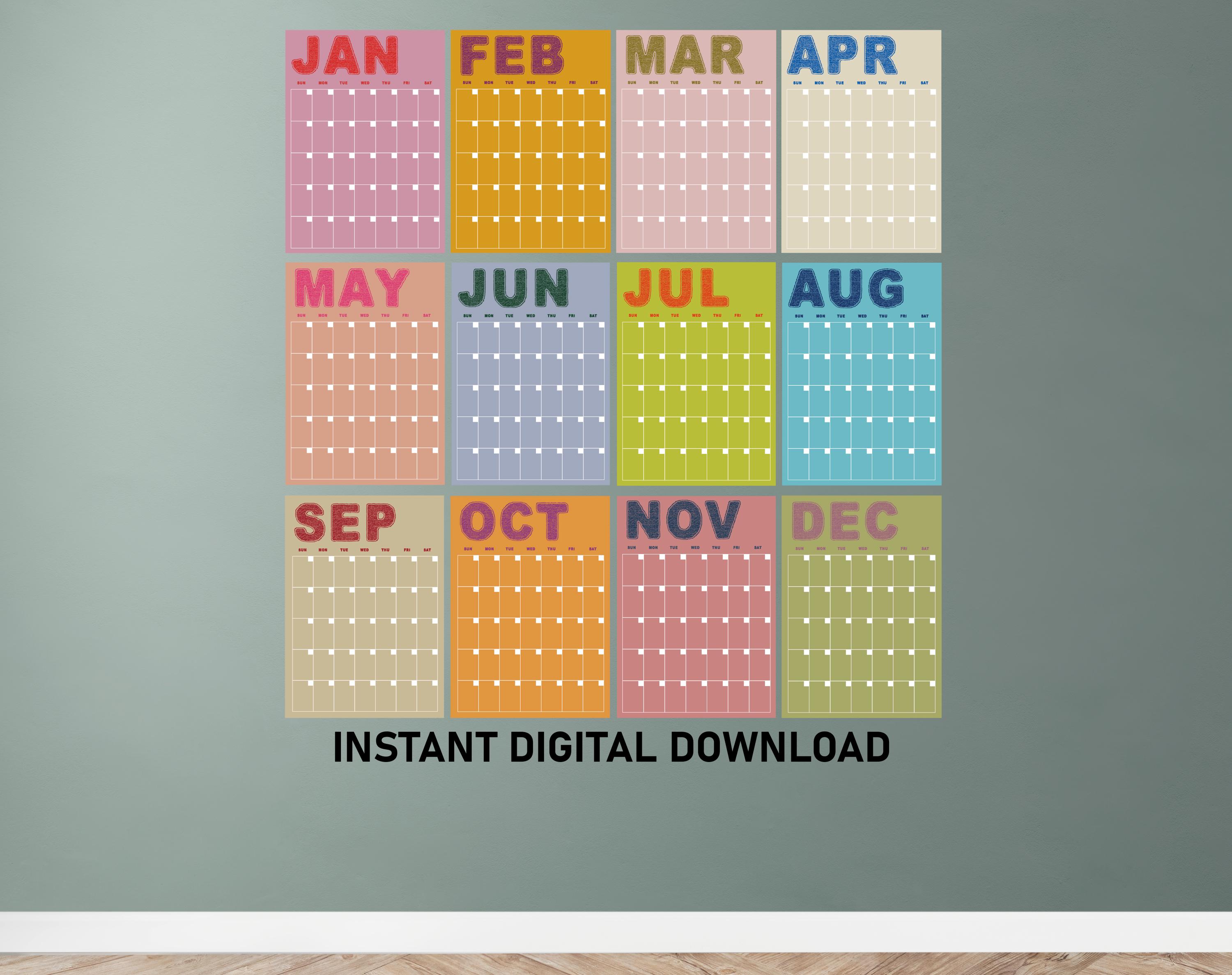 Large Monthly Wall Calendar Printable Bright, Undated Wall Calendar ...