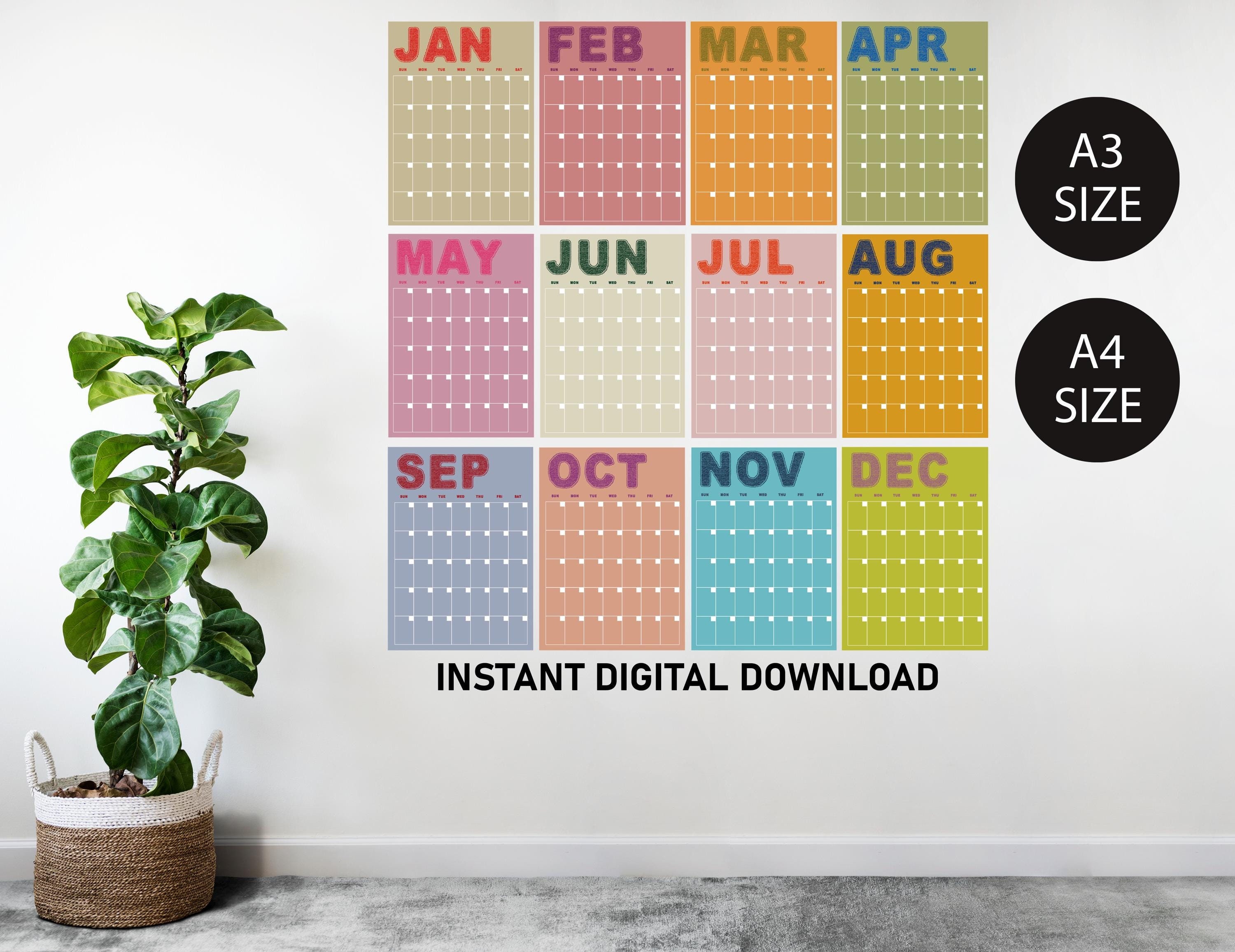 Large Monthly Wall Calendar Printable Bright, Undated Wall Calendar ...