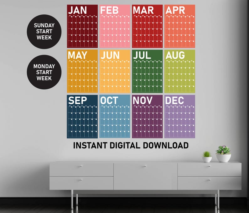 Large Monthly Wall Calendar A3 A4 PDF, Yearly Wall Calendar, Undated Wall Calendar, Yearly Wall ...