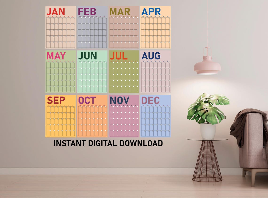 Large Monthly Wall Calendar Printable Bright, Undated Wall Calendar ...
