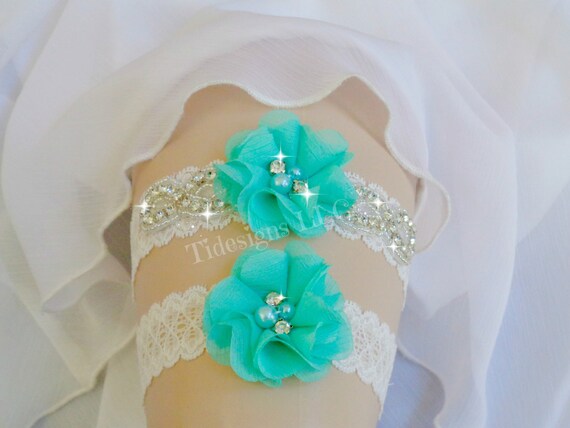 Turquoise Garter Set Wedding Garter Set Ivory Garter | Etsy