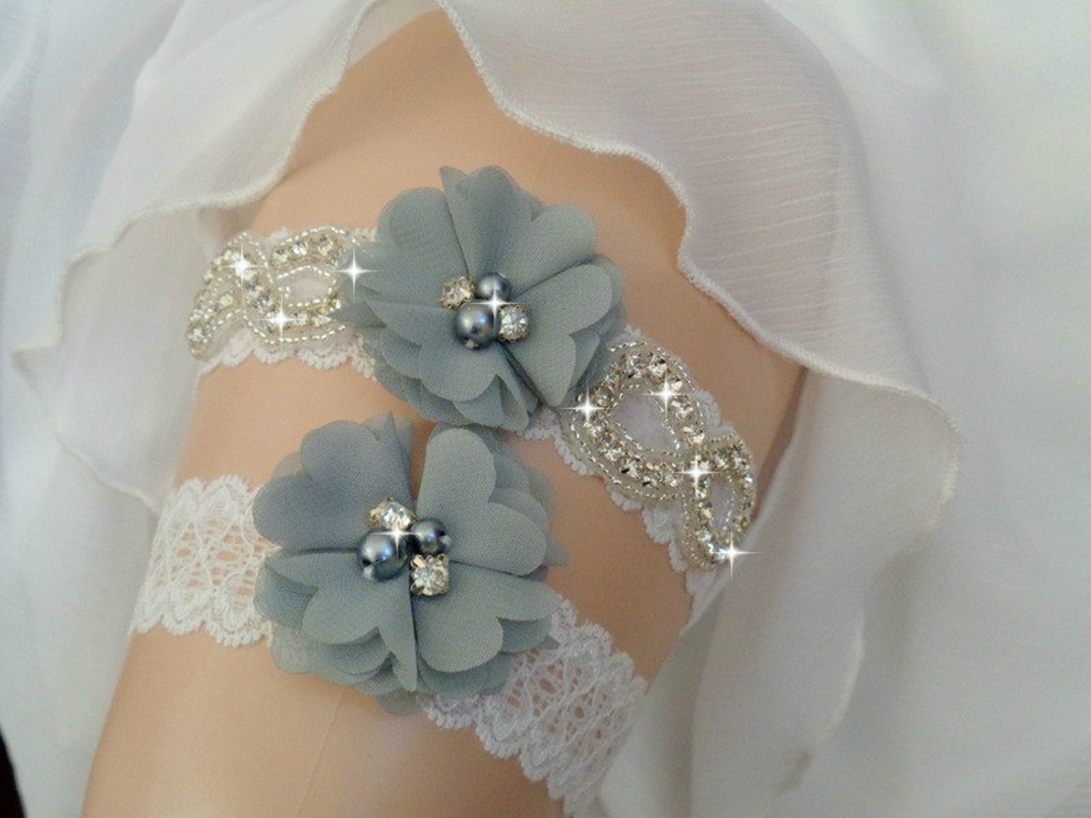 Gray Garter Set Wedding Garter Set Ivory Garter Rhinestone - Etsy