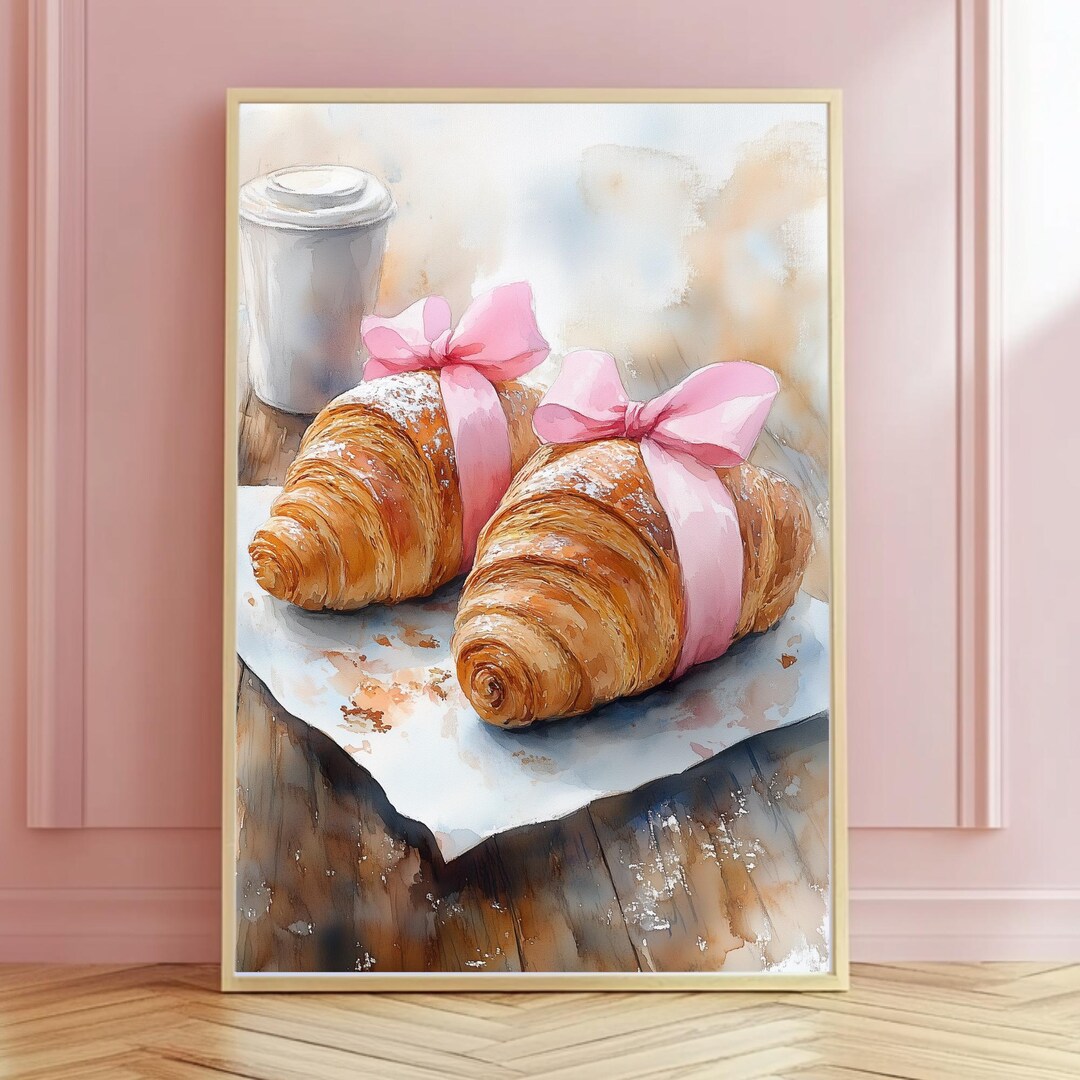 Croissant Print With Coquette Bow | Aesthetic Kitchen Wall Art | French ...