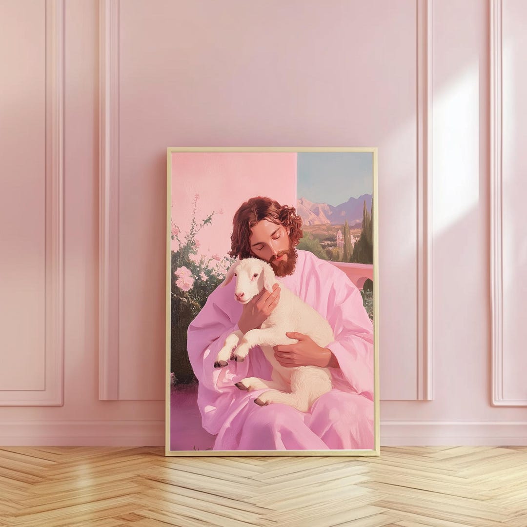 Jesus Hugging a Lamb Poster - Soft Pink Christian Art Wall Print, Dorm ...