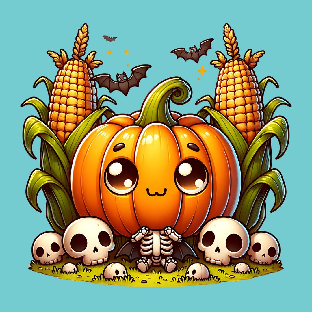 Adorable Chibi Pumpkin Clipart With Skeletons, Corn and Bats Fall ...