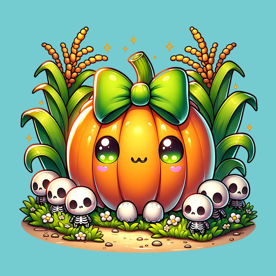 Adorable Chibi Pumpkin With A Green Bow and Skeleton Friends in A Small ...