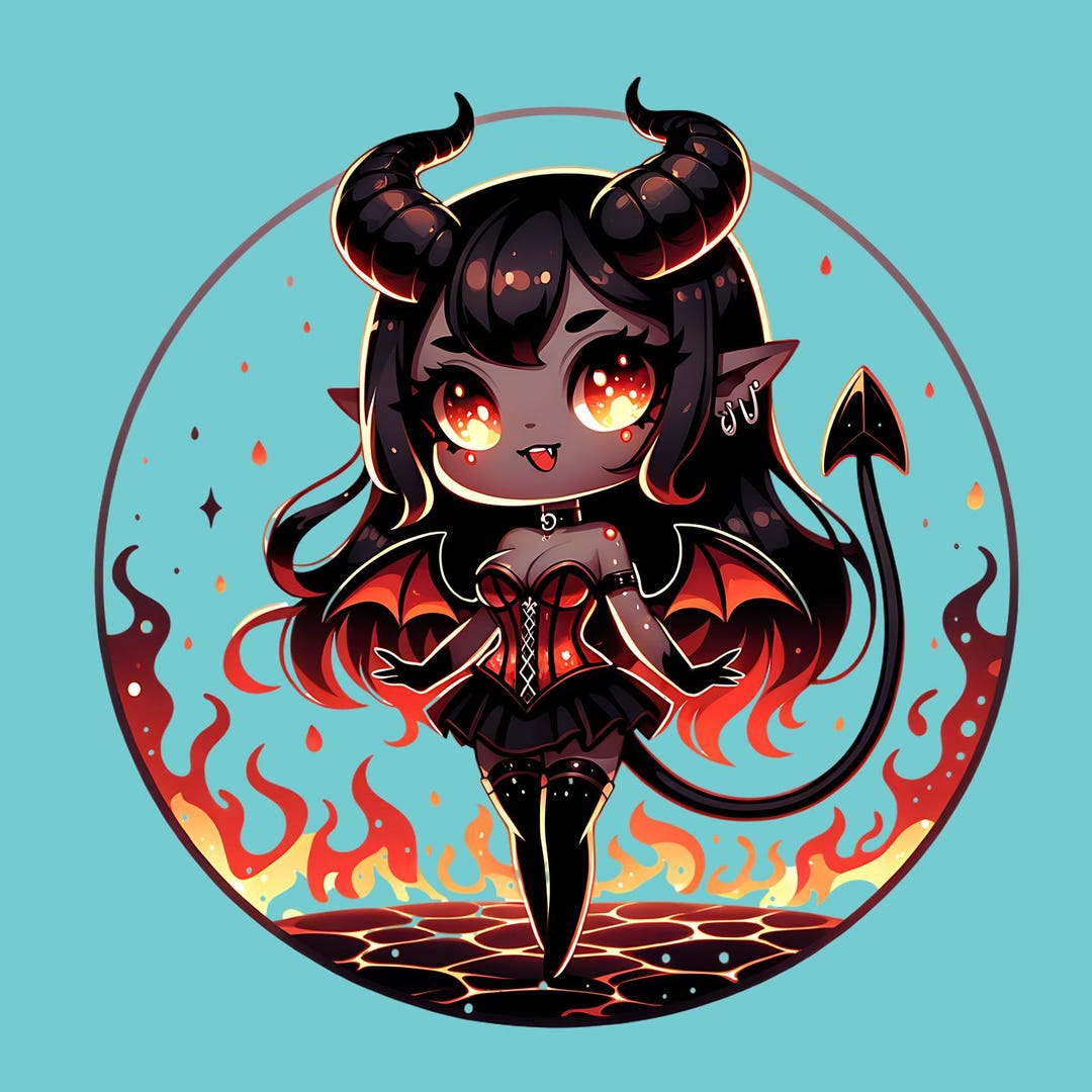 Chibi Devil Girl With Horns, Bat-like Wings and A Long Devil Tail With ...