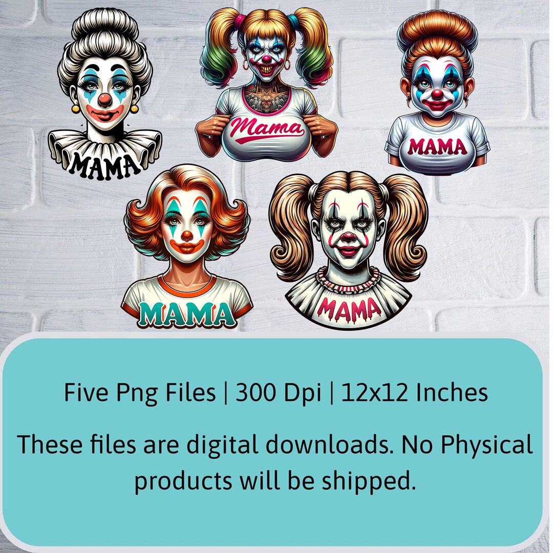 Mama Clown Clipart Bundle Five Unique Clowns Sublimation Designs Fun ...