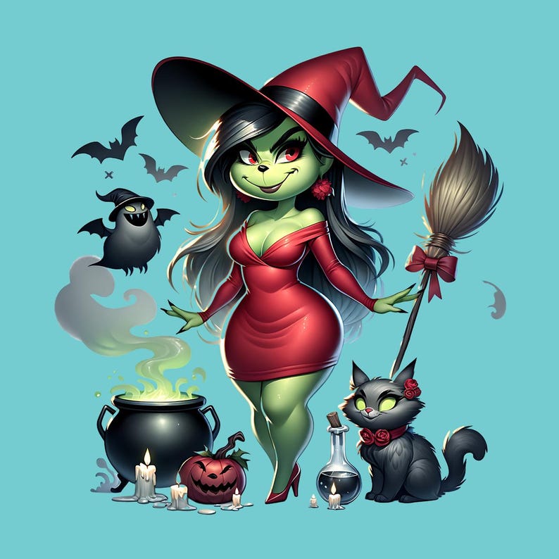 Chibi Female Grinch Witch Clipart Halloween Green Witch With Broom ...