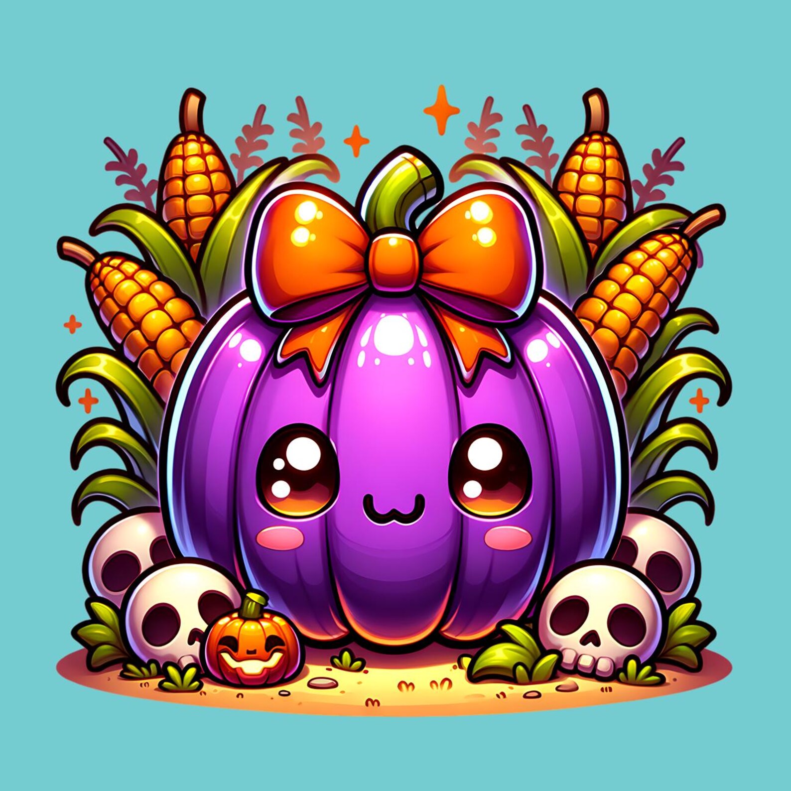 Playful Purple Pumpkin Clipart With an Orange Bow in A Small Corn Field ...