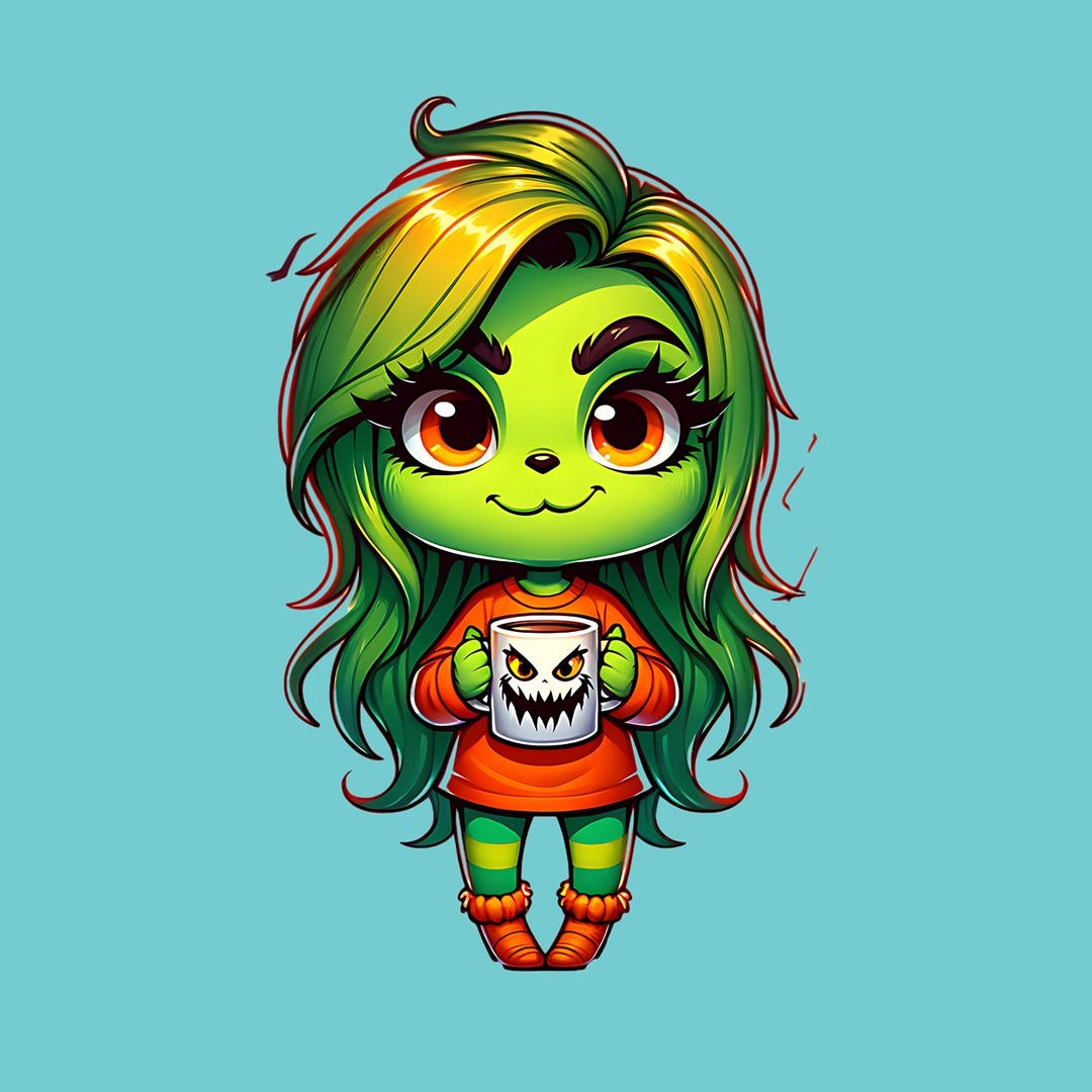 Chibi Female Halloween Grinch Clipart, Holding Spooky Mug, Orange T ...