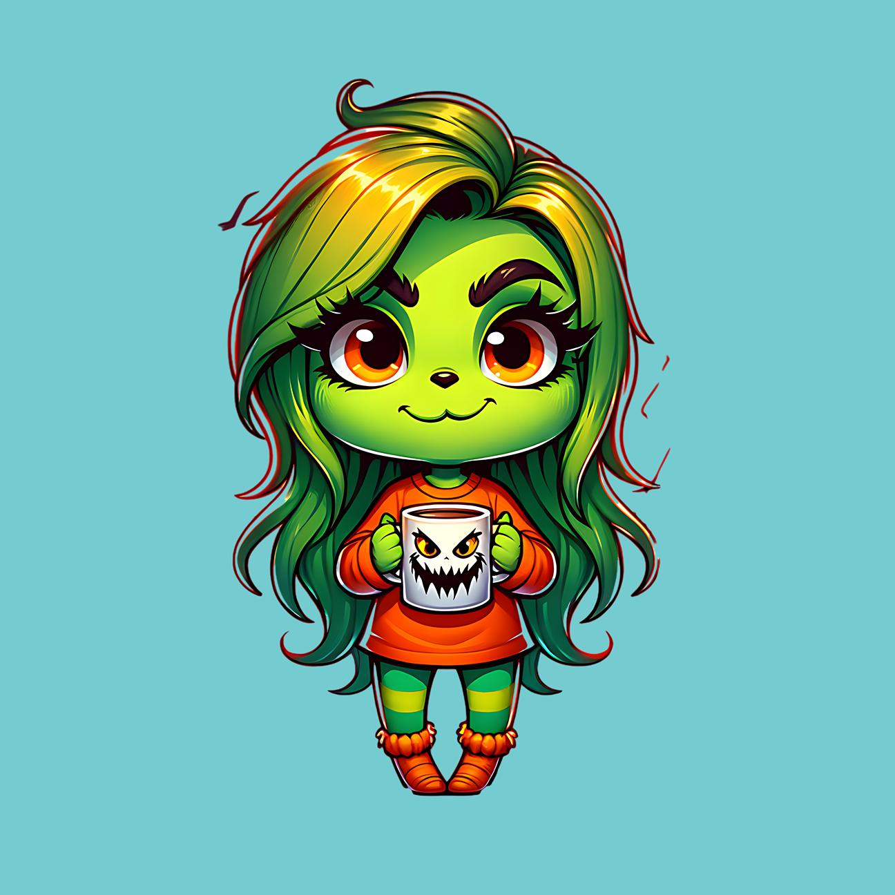 Chibi Female Halloween Grinch Clipart, Holding Spooky Mug, Orange T ...
