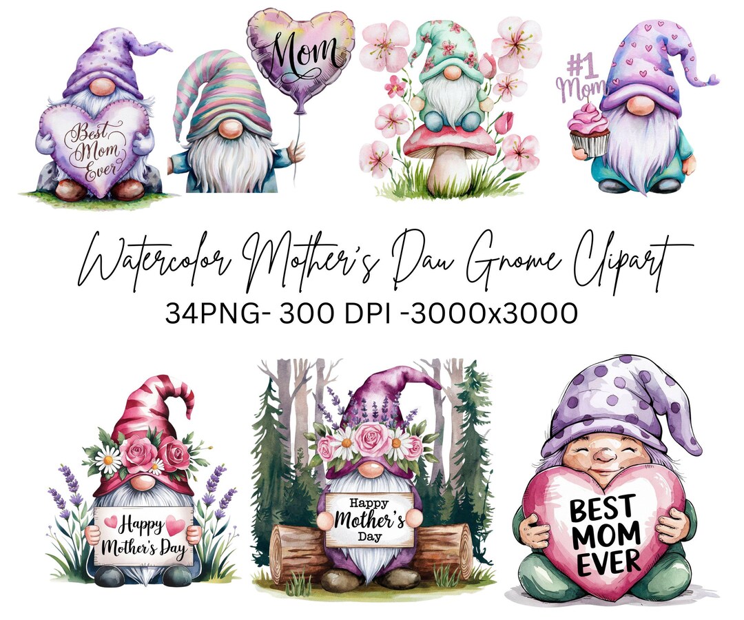 Mother's Day Gnomes Clipart - 34 PNG Watercolor Gnome Graphics, Cute ...