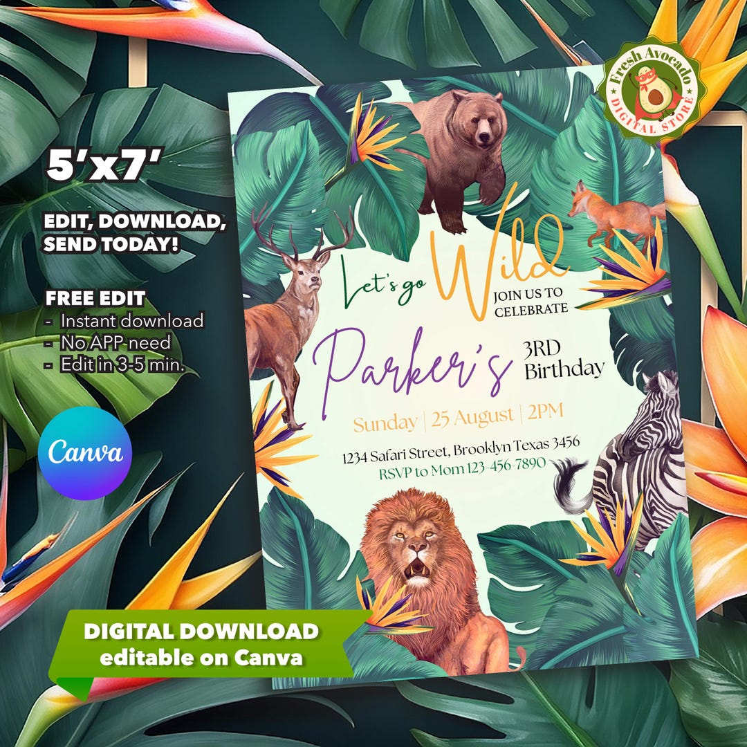 Tropical Animals Birthday Invitation, Wild Animal Party, Wild Forest ...