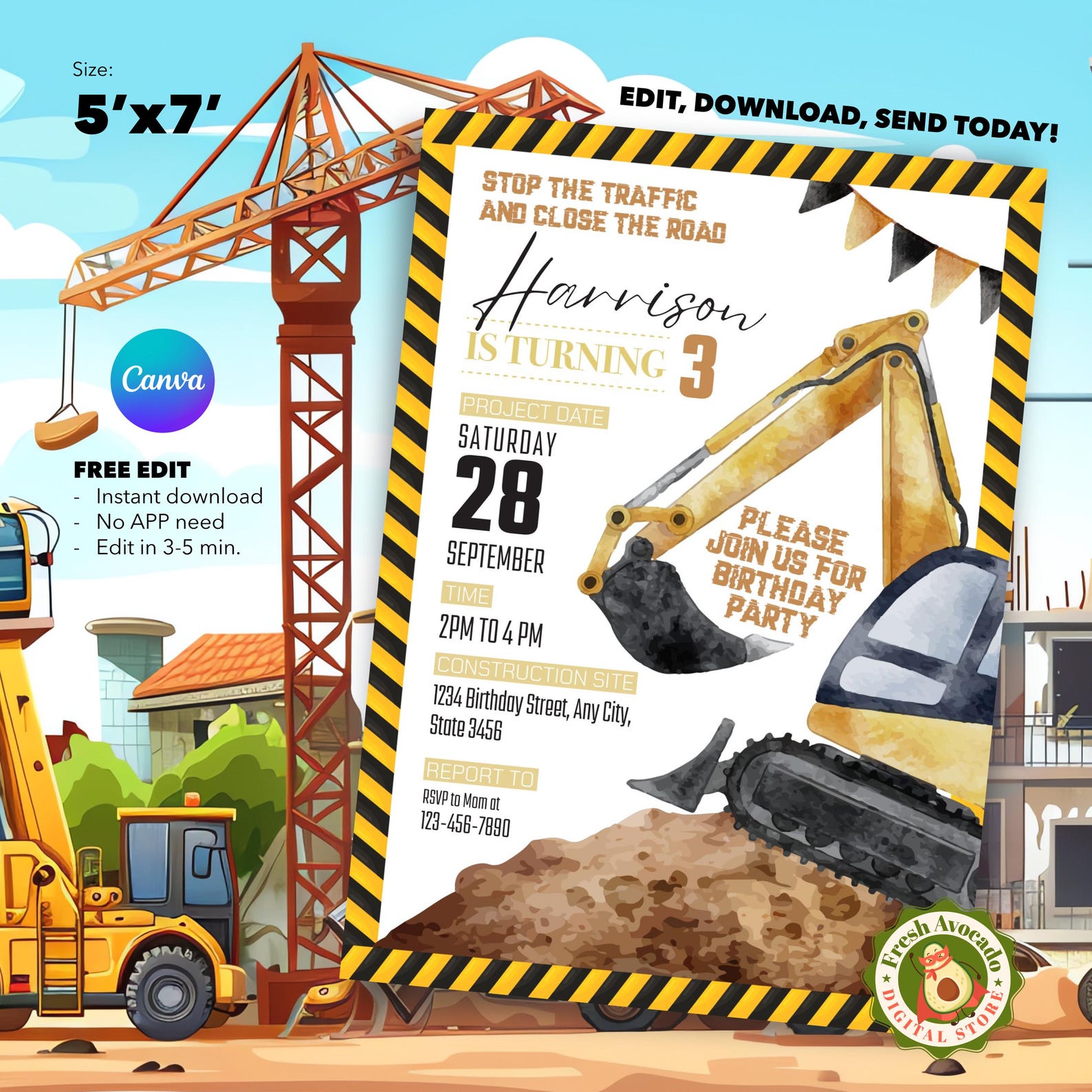 Bulldozer Birthday Invitation, Navy Construction Party, Excavator ...