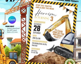 Construction Birthday Invitation, Bulldozer Navy Party, Excavator ...