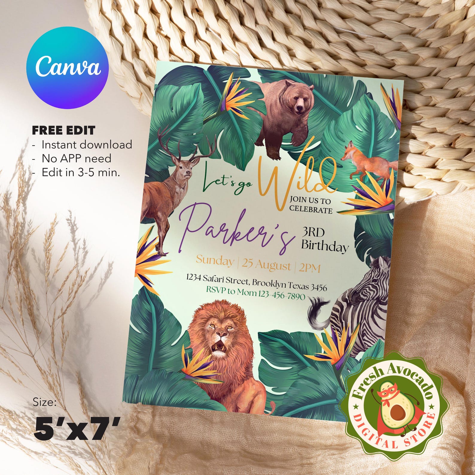 Tropical Animals Birthday Invitation, Wild Animal Party, Wild Forest ...