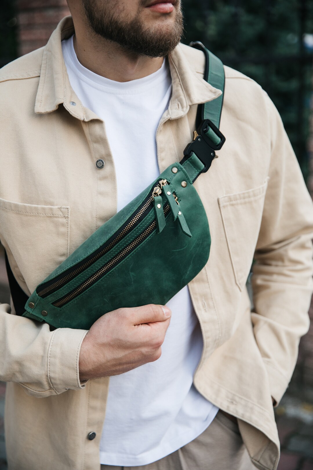 Green Leather Crossbody Bag Man, Green Waist Bag, Minimalist Banana ...