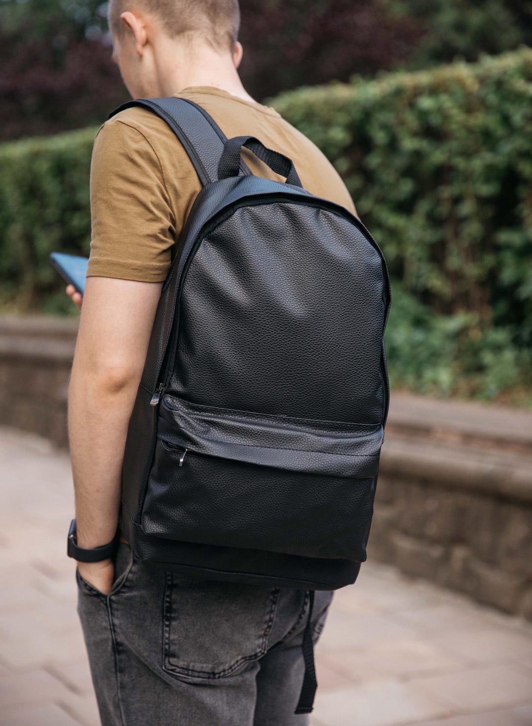 Black Eco Leather Backpack, Vegan Leather Backpack, Minimalist Backpack ...