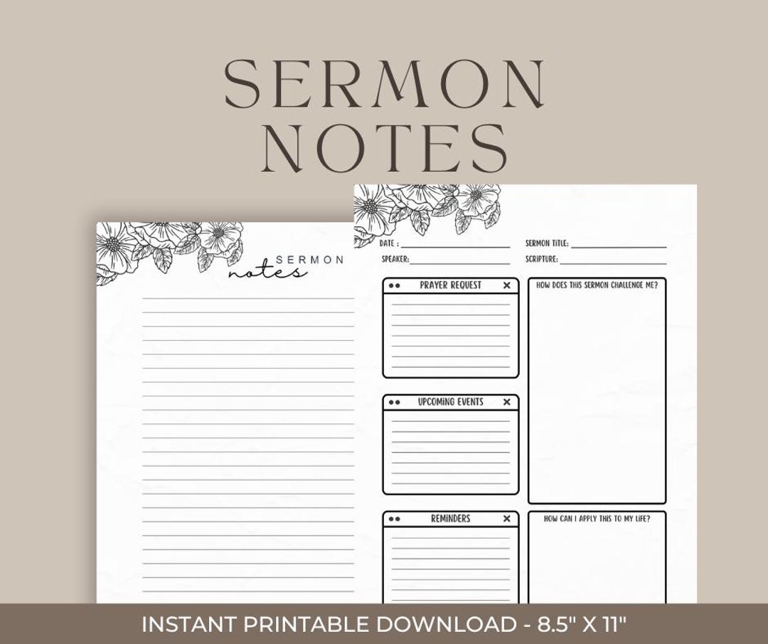 Printable Sermon Notes Journal | 2-page Digital Download | Church Notes ...