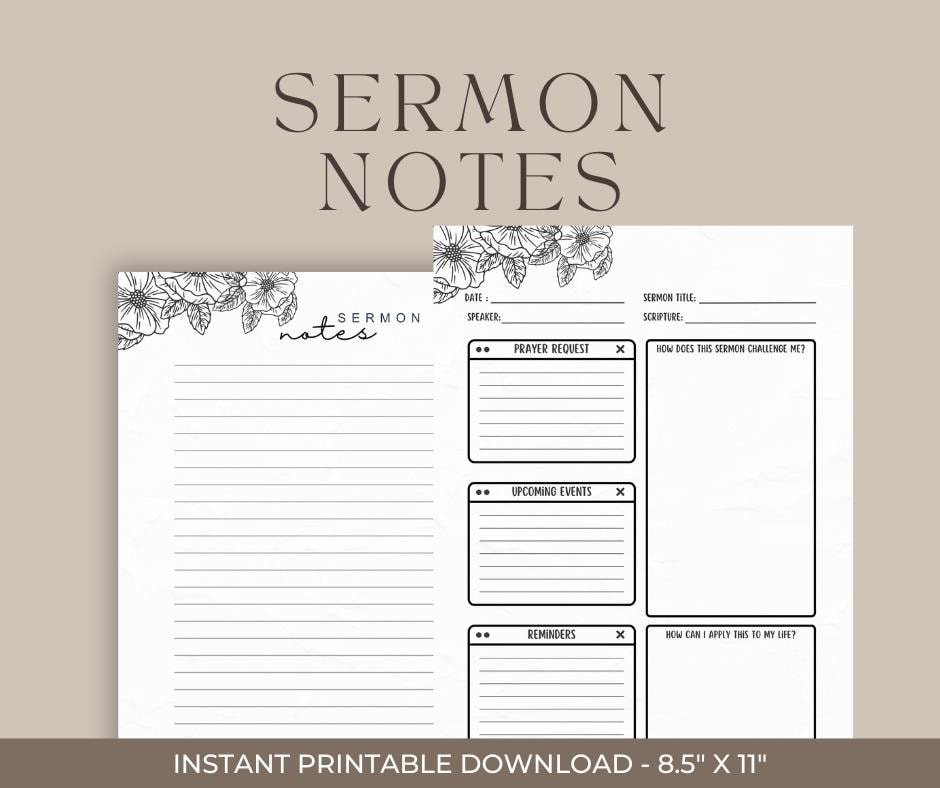 Printable Sermon Notes Journal | 2-page Digital Download | Church Notes ...