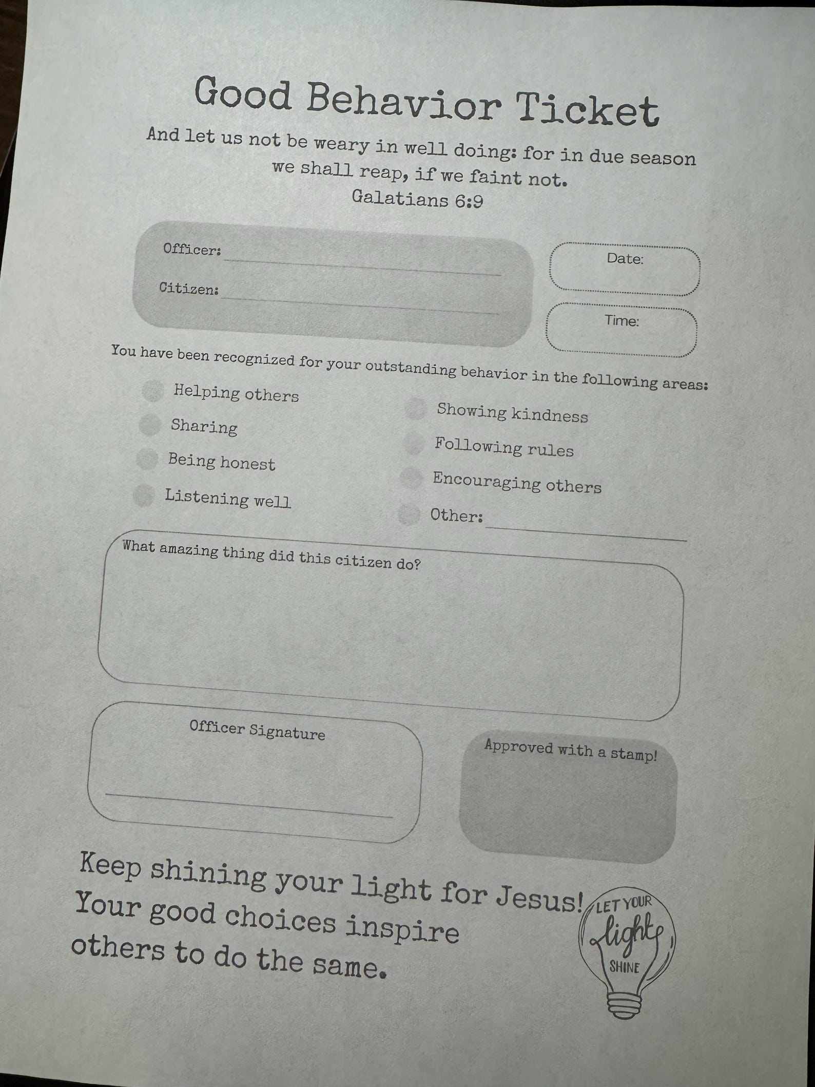 Kid's Pretend Police Officer Good Behavior Tickets | Christian Digital ...