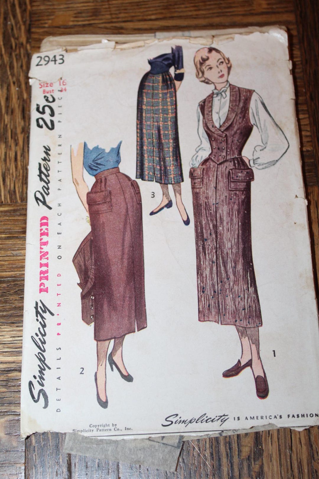 Vintage 1940s 1949 Simplicity 2943 Below Knee Slim Skirt and Tapered ...