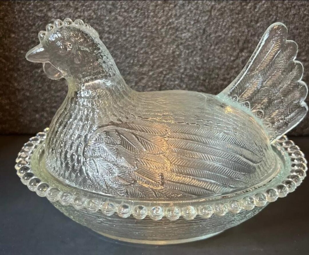 Vintage Indiana Clear Glass Hen on Nest Dish Chicken on Basket 7" - Etsy