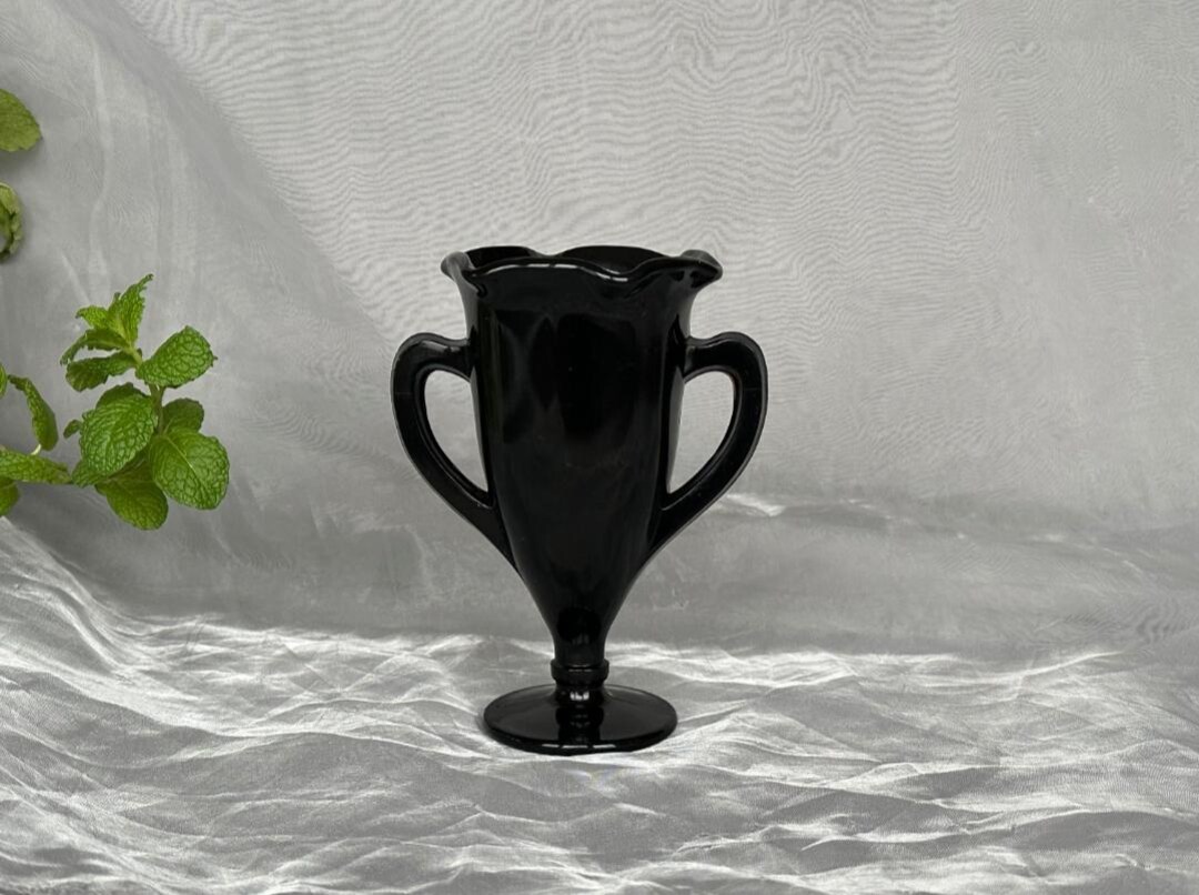 Vintage Black Amethyst Glass Vase Trophy Style With Two Handles. MCM - Etsy