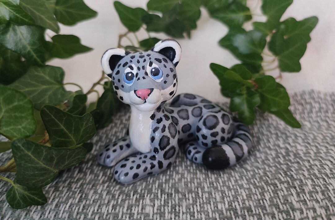 Polymer Clay Snow Leopard, OOAK Snow Leopard Figurine, Handmade Snow ...