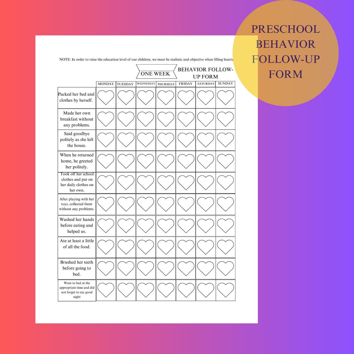 Positive Behavior Tracking Form,for Nursery and Preschool,behavior ...