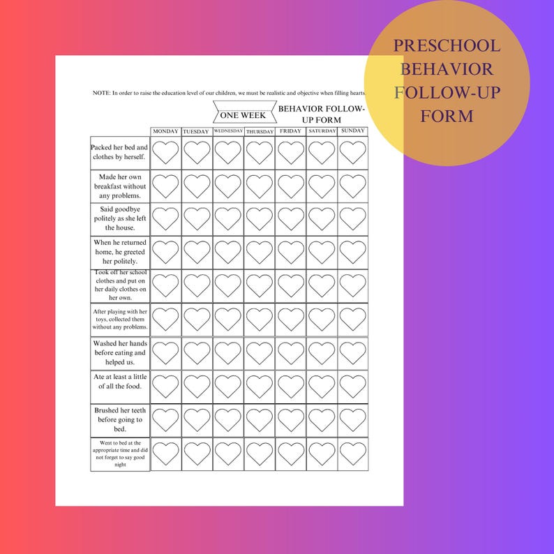 Positive Behavior Tracking Form,for Nursery and Preschool,behavior ...