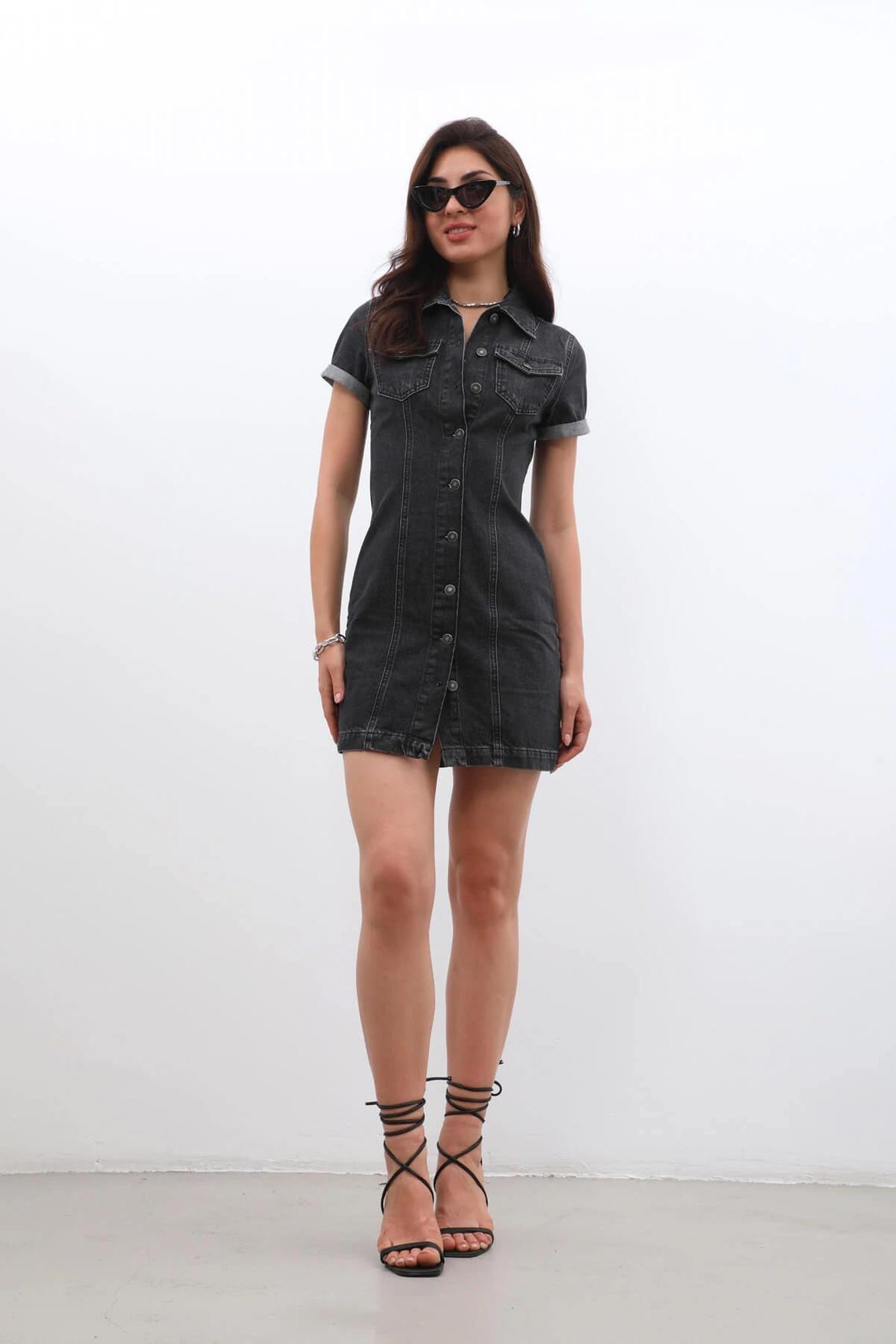 Short Sleeve Buttoned Front Jean Dress Black - Etsy