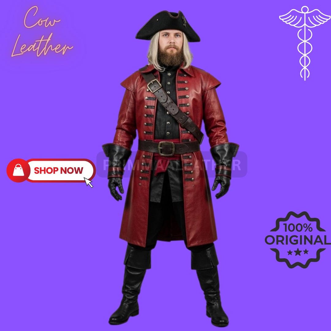 Red Pirate Trench Coat-gothic Steampunk Long Coat -handmade Medieval ...