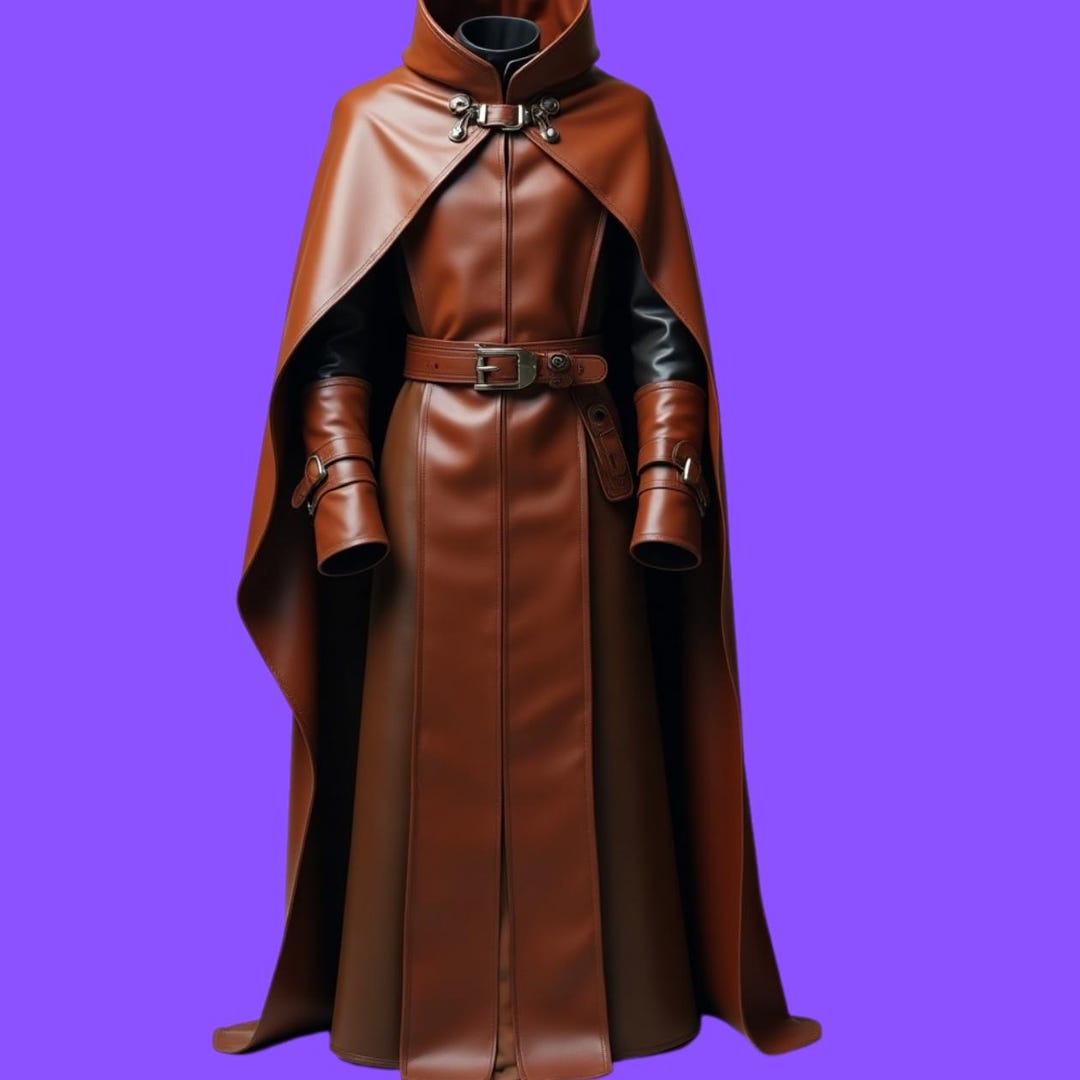 Handcrafted Brown Leather Coat and Cloak Set With Belt and Buckle ...