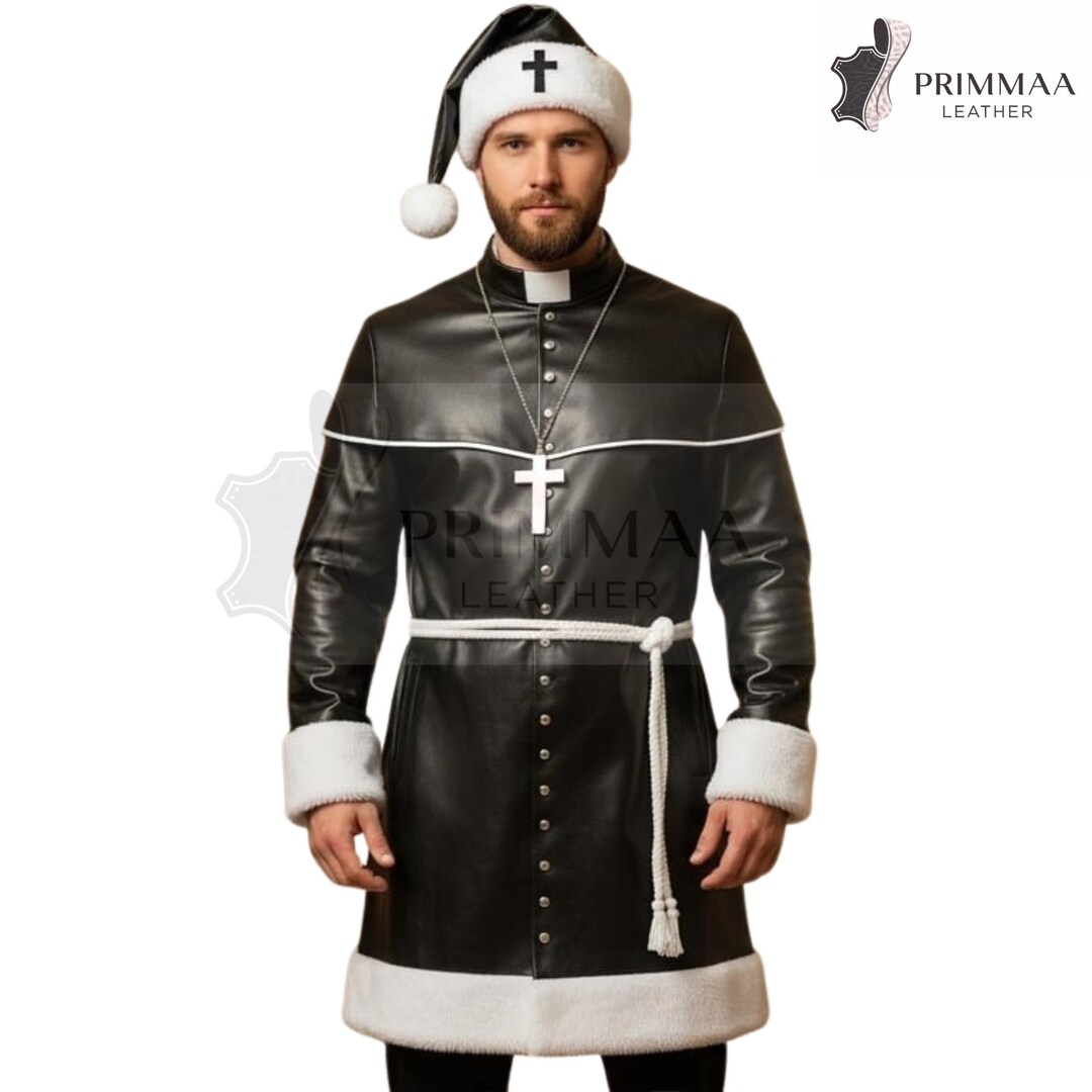 Gothic Santa Costume: Black Leather Coat, Fur Trim, Cross Symbol - Etsy