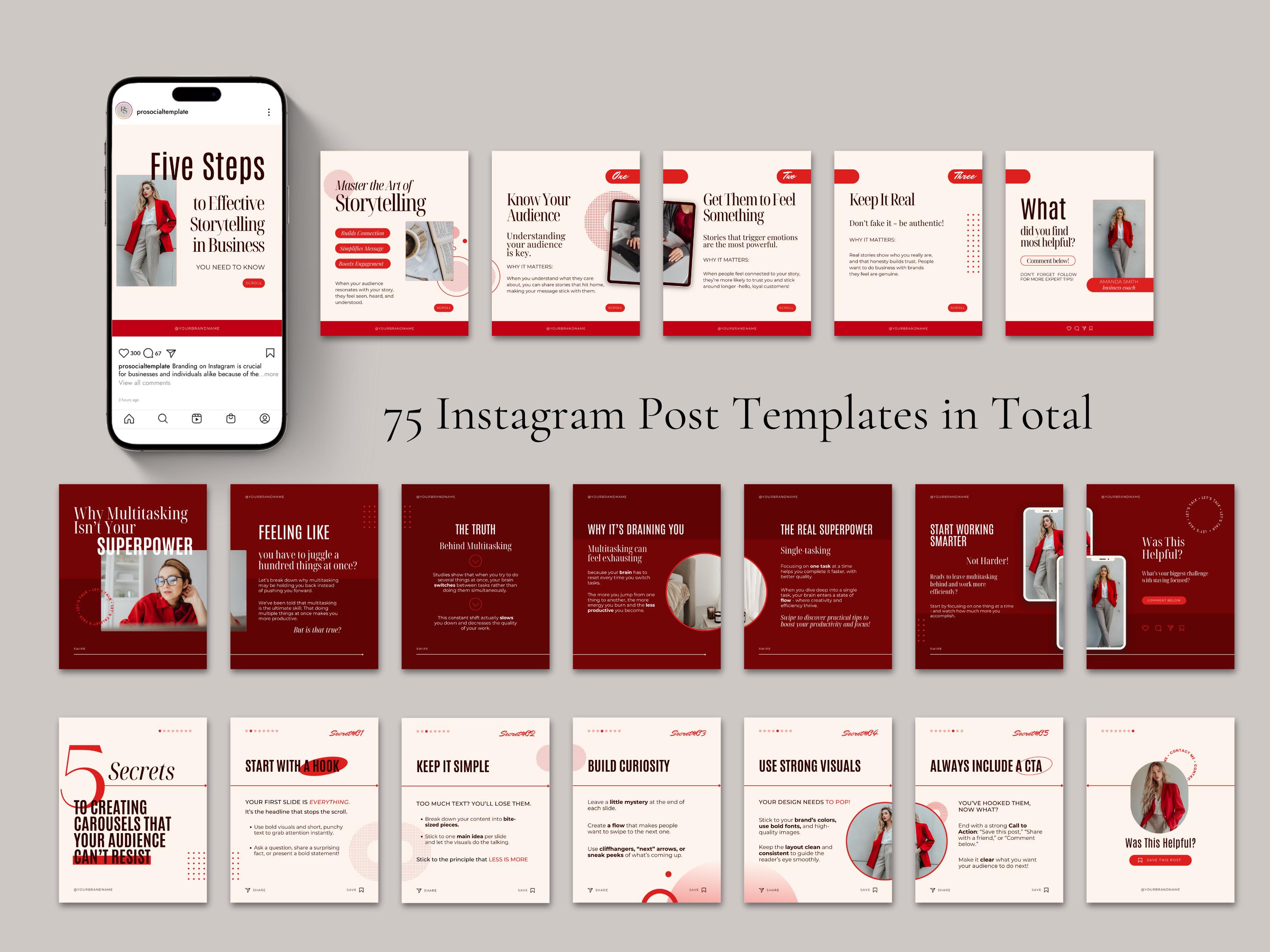 Instagram Carousel Templates, Red & Pink Canva Slides (digital Download ...