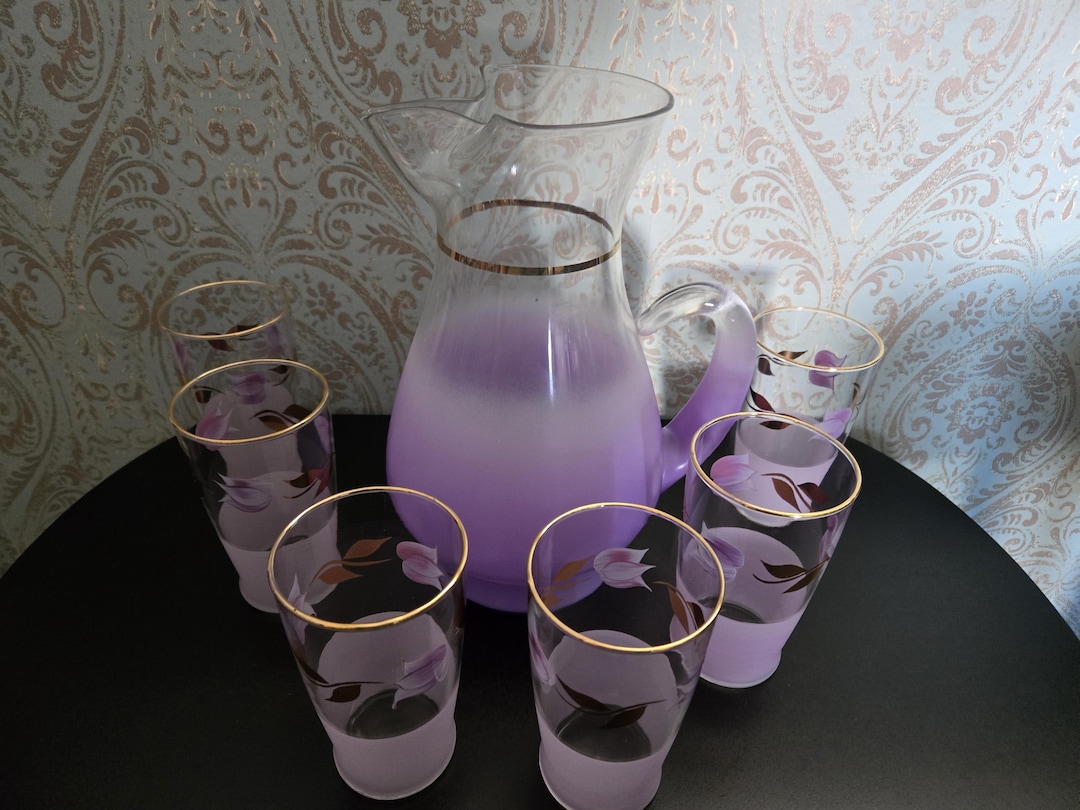 Rare Ombre Violet Pitcher and Bartlett Collins Floral Glasses Set of 6 ...