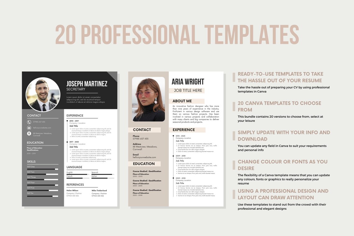 BUNDLE: 20 X Editable CV Templates | 20 X Professional Resume Designs ...