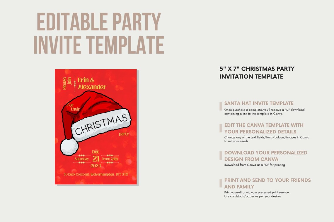 Editable Christmas Party Invitation Template | Santa Hat Design ...