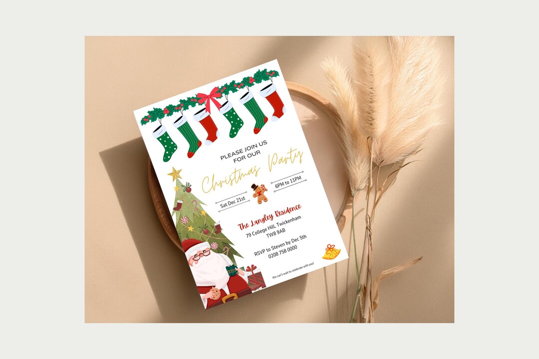 Editable Christmas Party Invitation Template | Santa & Stockings Design ...