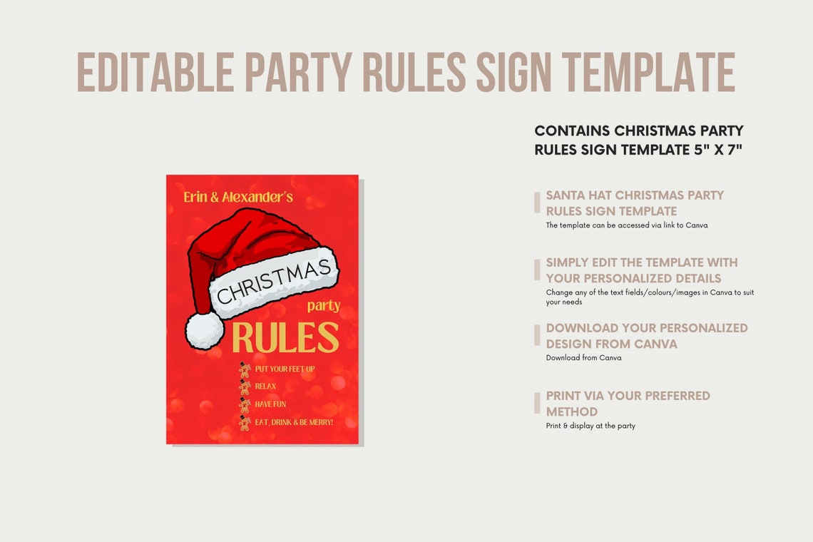 Editable Christmas Party Fun Rules Sign Template | Santa Hat Design ...