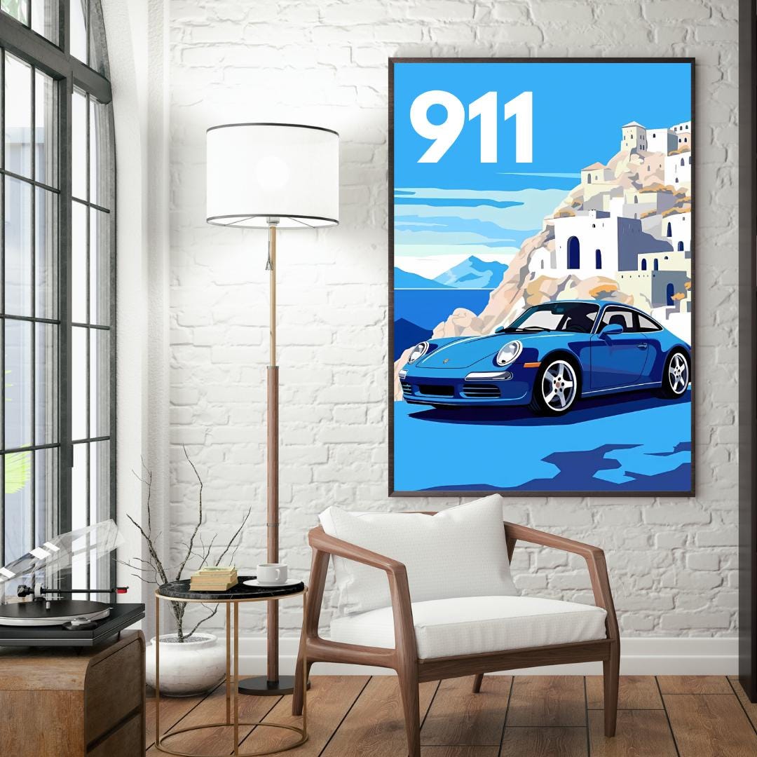 BLUE Porsche 911 Digital Poster – Mediterranean Car Art Print, Blue 911 ...