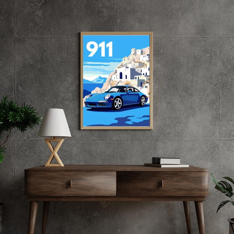 BLUE Porsche 911 Digital Poster – Mediterranean Car Art Print, Blue 911 ...
