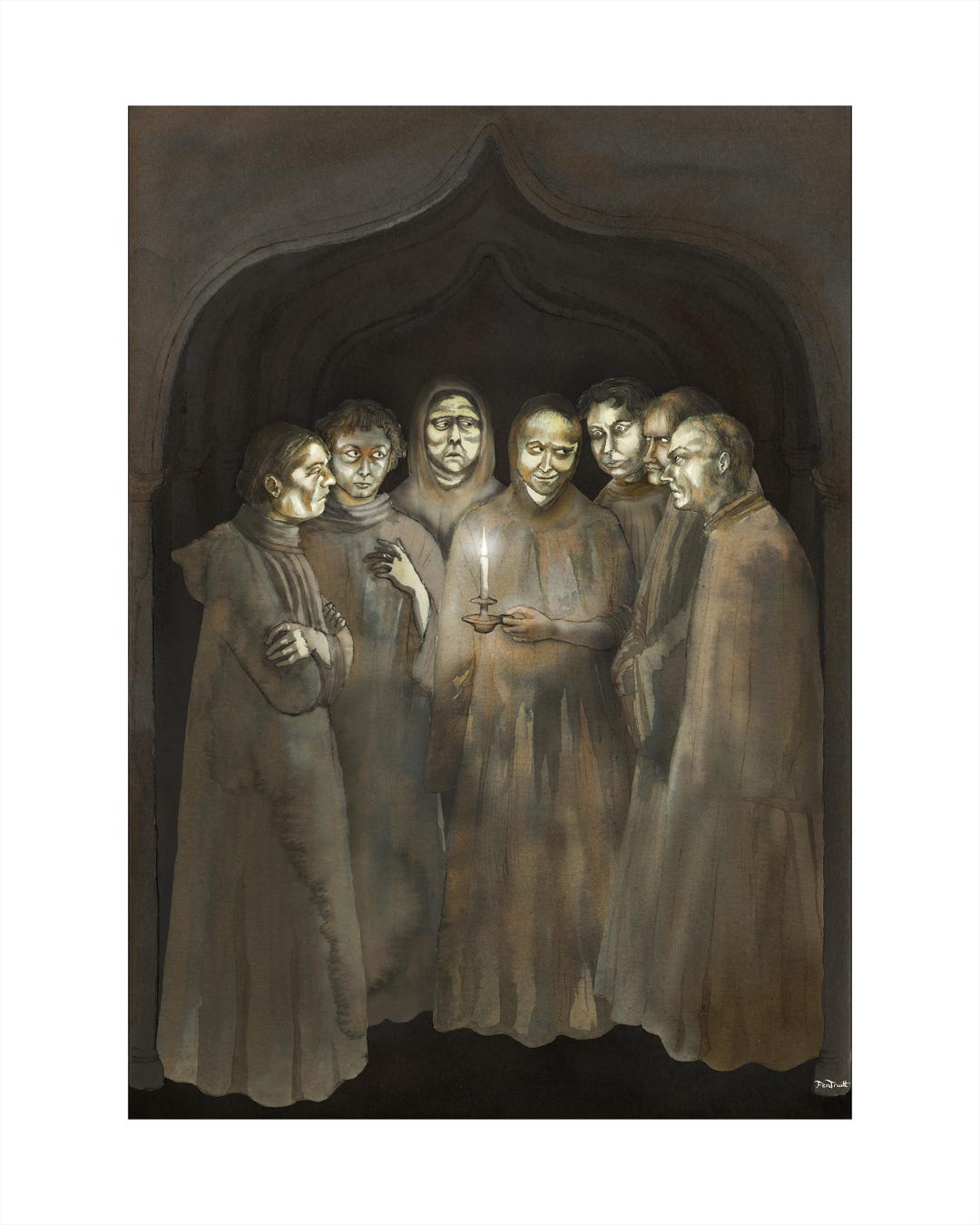 Conspiring Medieval Monks Art Print, Middle Ages, Illustration, Gothic ...