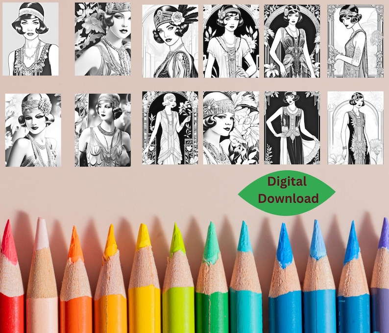 1920s Flapper Girl Glamour Vintage Coloring Pages | 12 Page Bundle ...