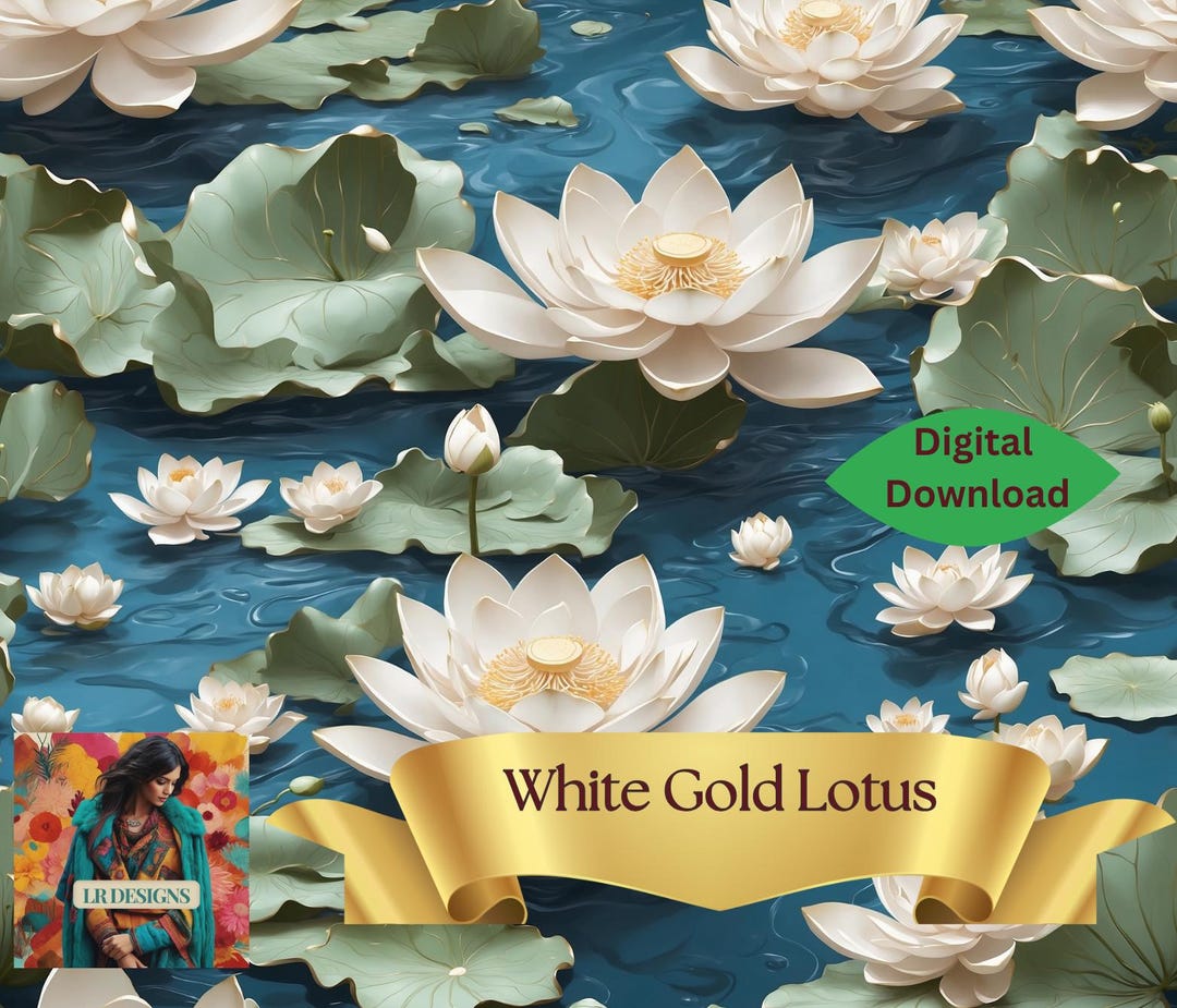 3D White Lotus Gold Accents Waterlily Pattern | 300 DPI High Resolution ...