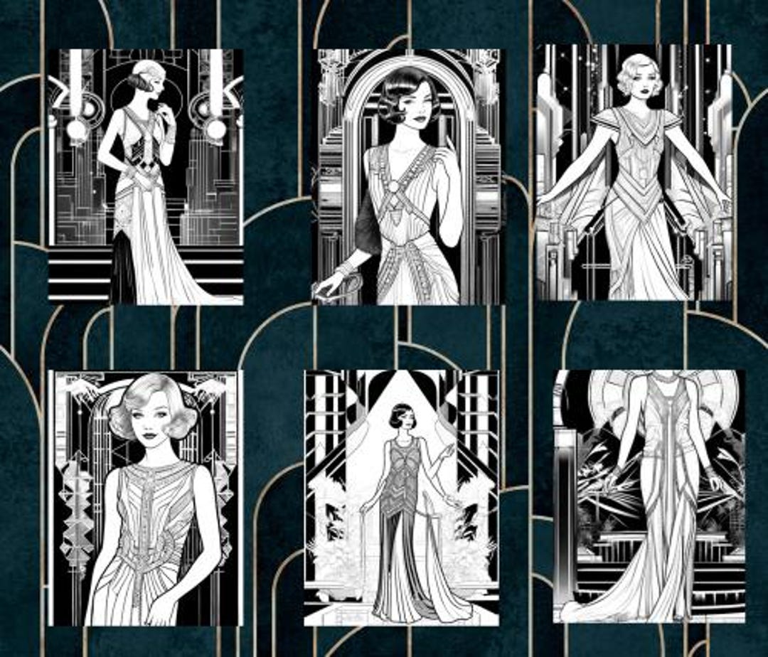 1920s Art Deco Glamour Vintage Coloring Pages 6 Page Bundle Instant PDF ...