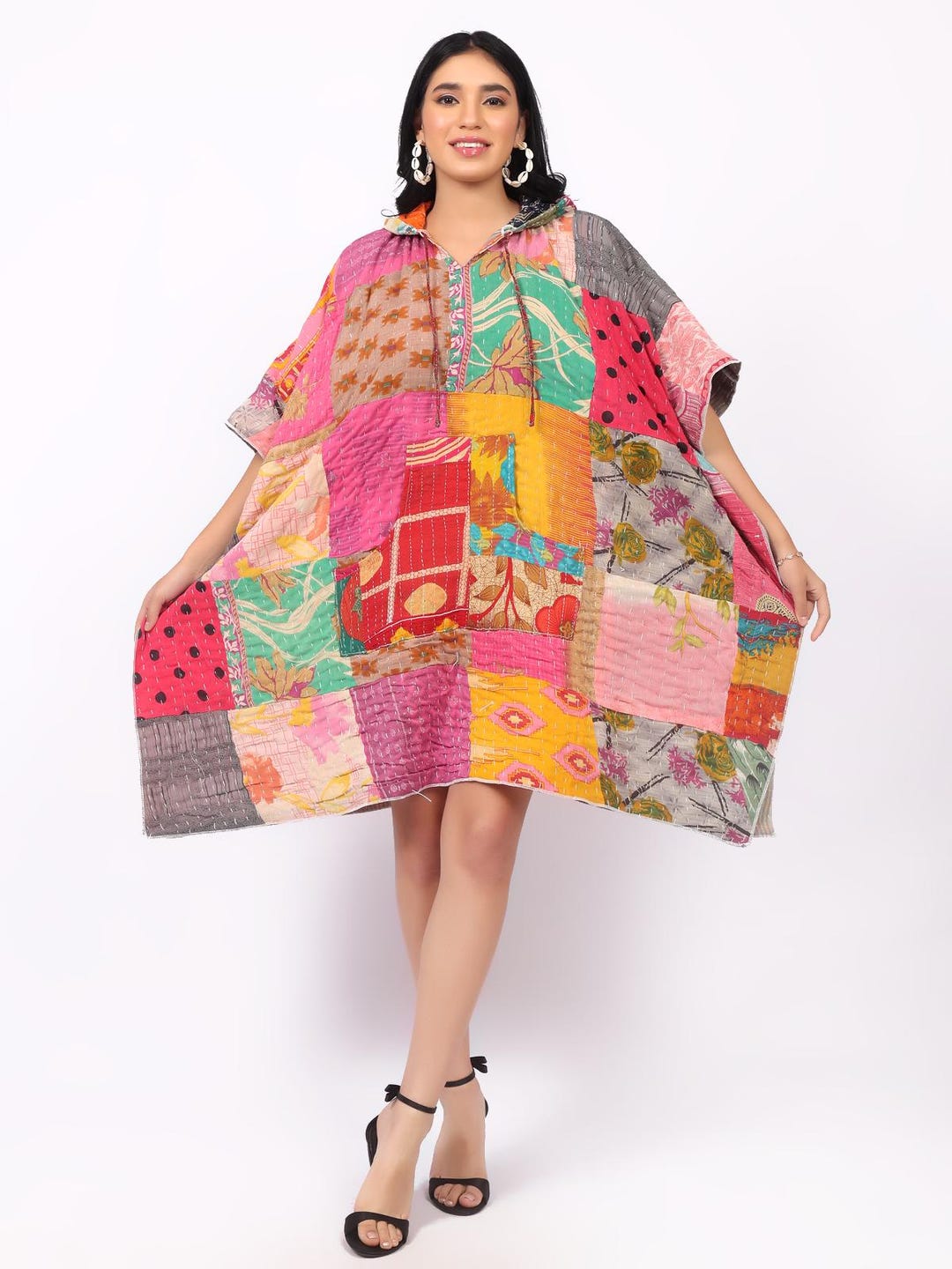 Women's Kantha Fabric Hooded Oversized Poncho Top Pocket Dress ...